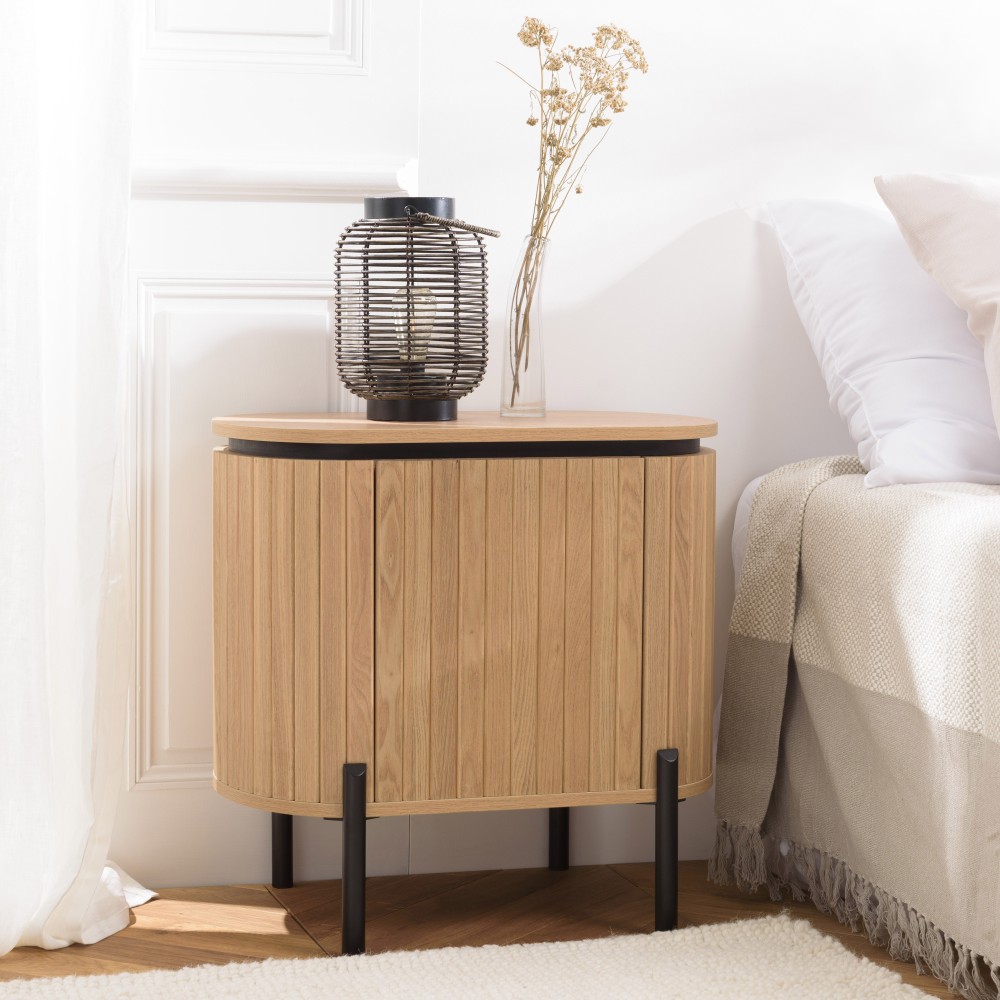 Brown bedside table with 1 door in retro style with black metal legs ...